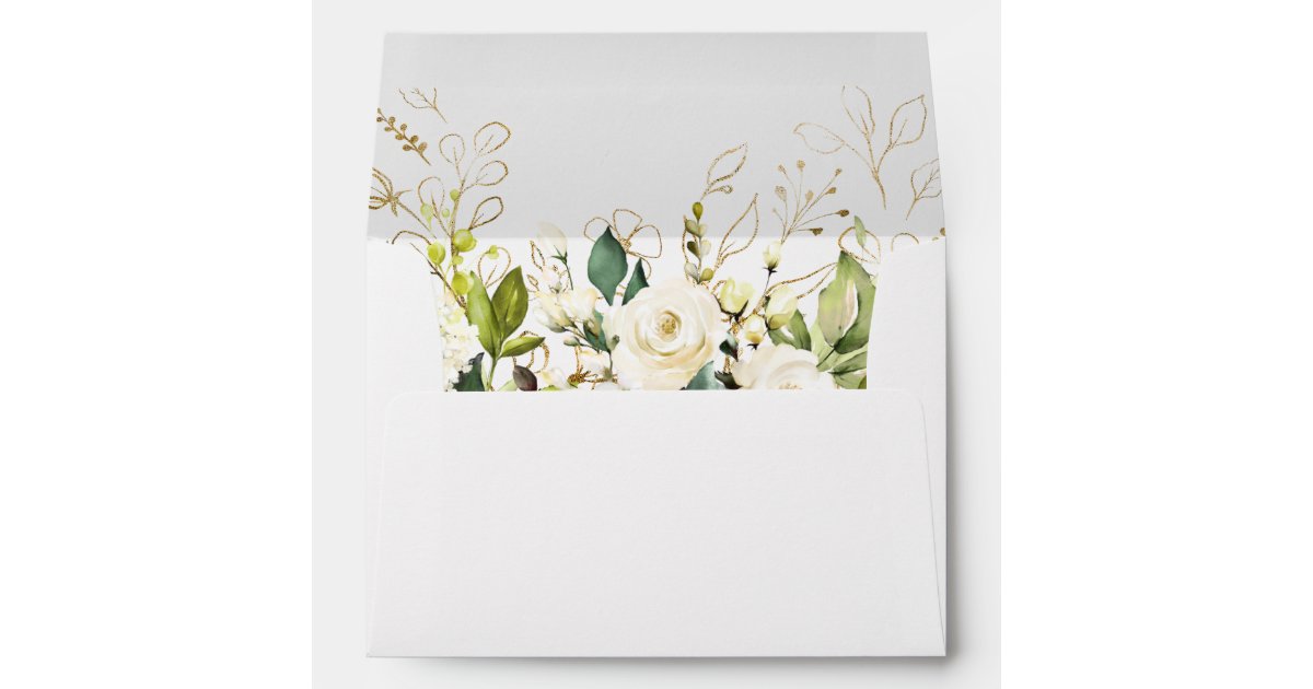 White Rose Peony Greenery Floral for 5x7 cards Envelope | Zazzle