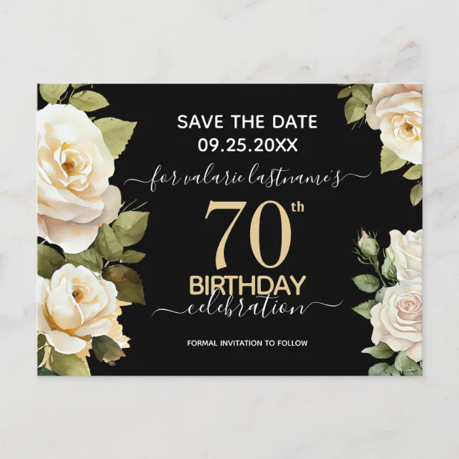 White Roses 70th Birthday Save the Date Postcard | Zazzle