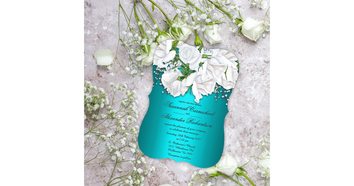 White Roses and Aqua Wedding Invitation | Zazzle
