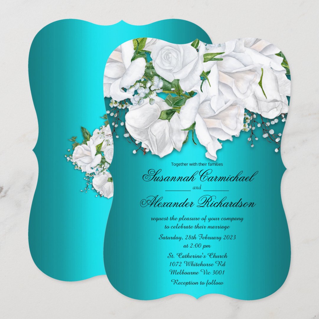 White Roses and Aqua Wedding Invitation | Zazzle