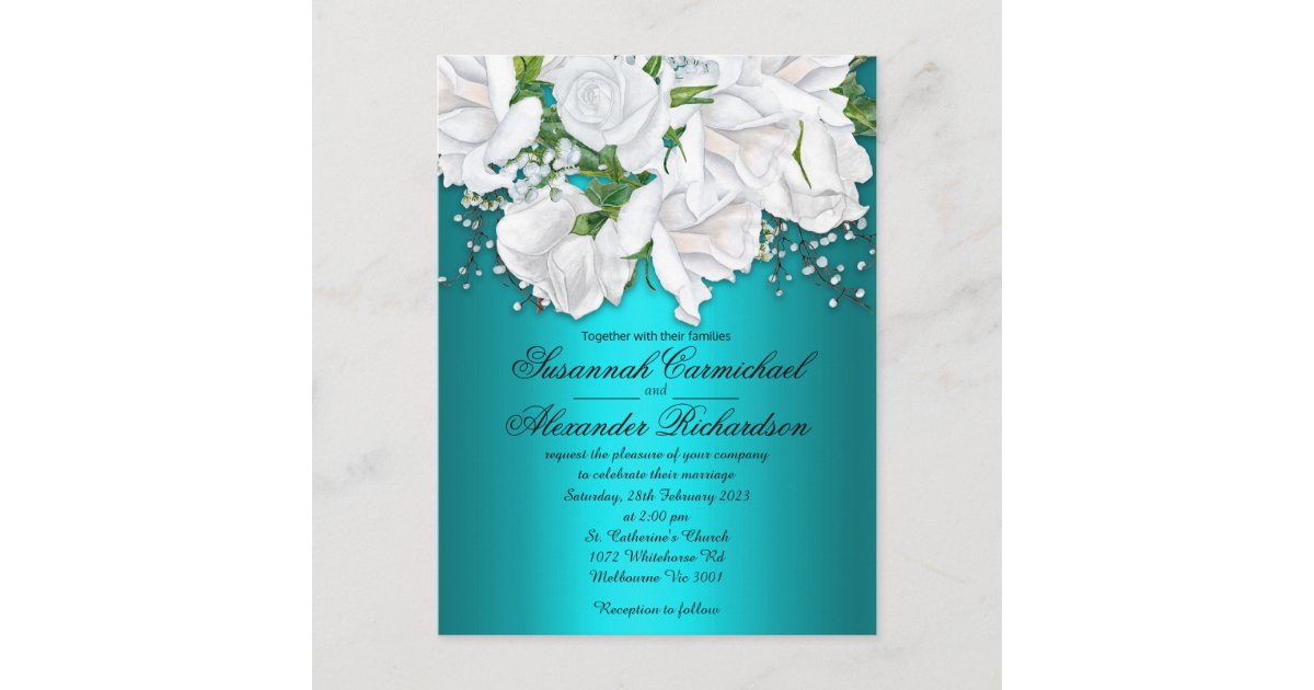 White Roses and Aqua Wedding Invitation Postcard | Zazzle.com