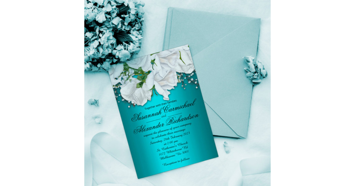 White Roses and Aqua Wedding Invitation Postcard | Zazzle