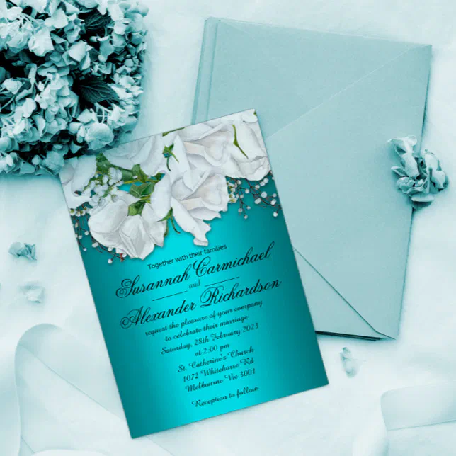 White Roses and Aqua Wedding Invitation Postcard | Zazzle