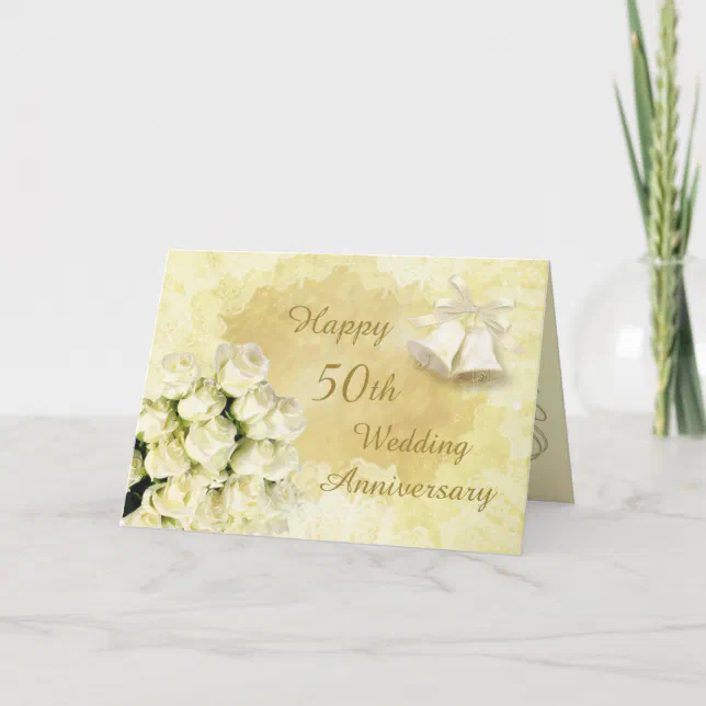 White roses, bells 50th Wedding Anniversary Card | Zazzle