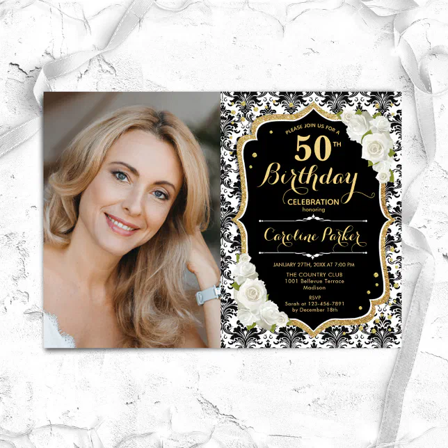White Roses Black White Damask Photo 50th Birthday Invitation | Zazzle