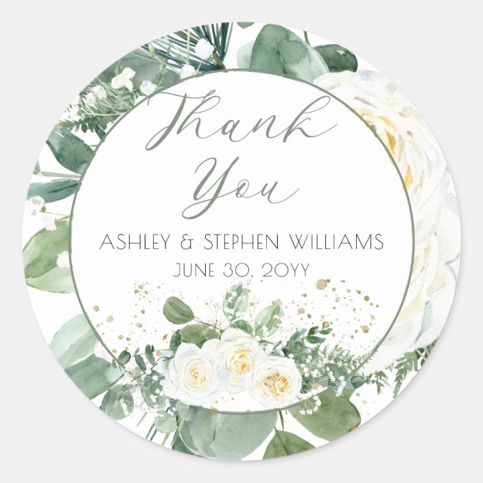 White Roses| Eucalyptus Floral Thank You Classic Round Sticker | Zazzle.com