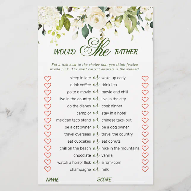 White Roses Floral Bridal Shower Game | Zazzle