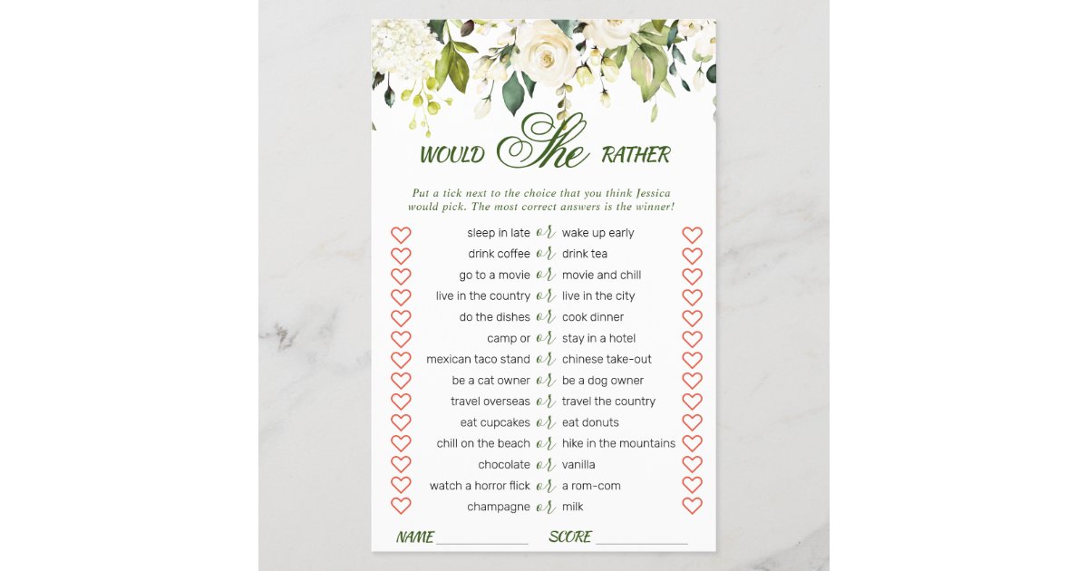 White Roses Floral Bridal Shower Game | Zazzle
