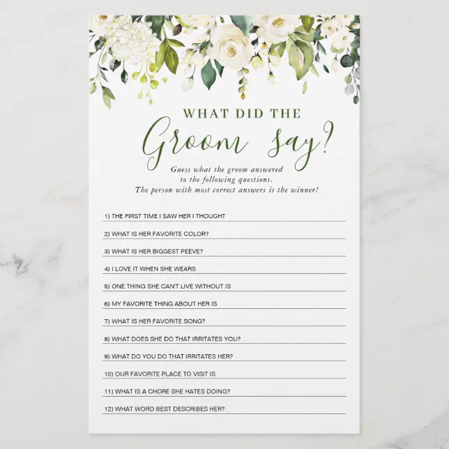 White Roses Floral Bridal Shower Game | Zazzle