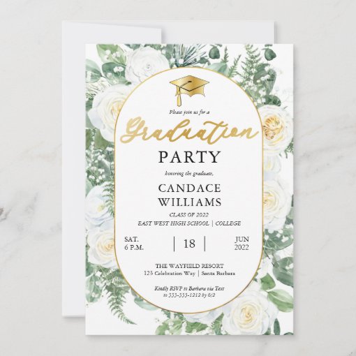 White Roses Floral Gold Frame Graduation Party Invitation | Zazzle