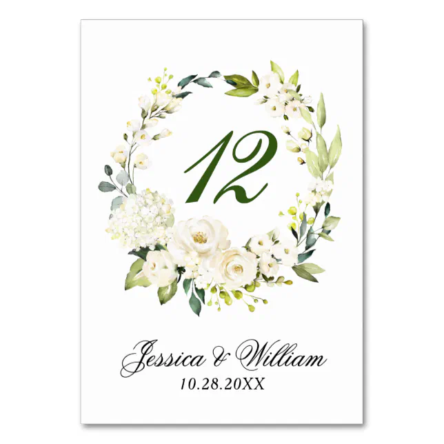 White Roses Floral Greenery Wedding Table Number | Zazzle