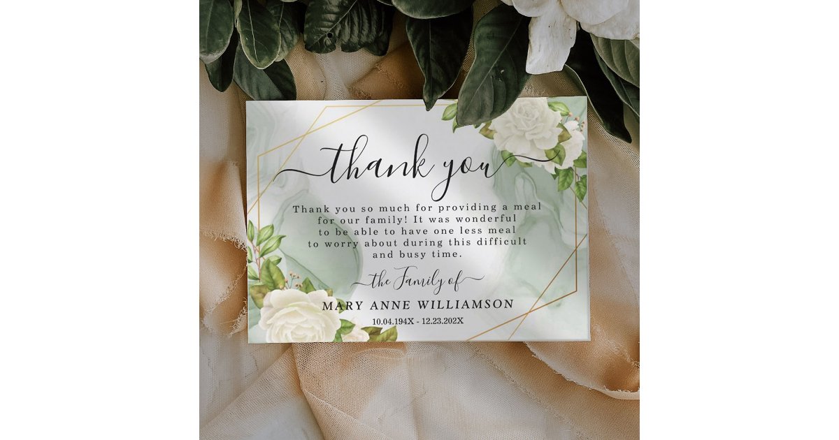 White Roses Funeral Food Thank You Card | Zazzle