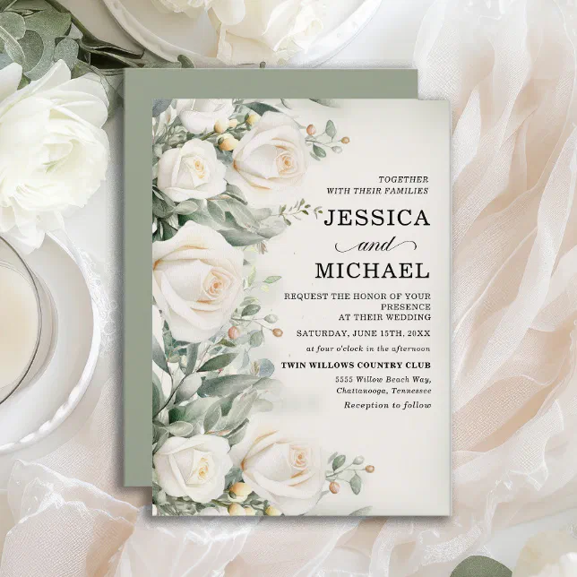 White Roses Greenery Elegant Wedding Invitation | Zazzle