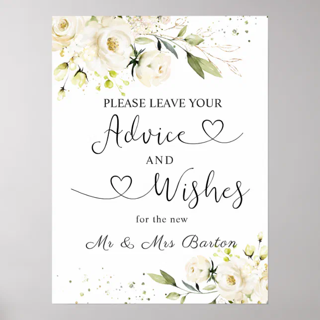 White Roses Greenery Foliage Advice & Well Wishes Poster | Zazzle