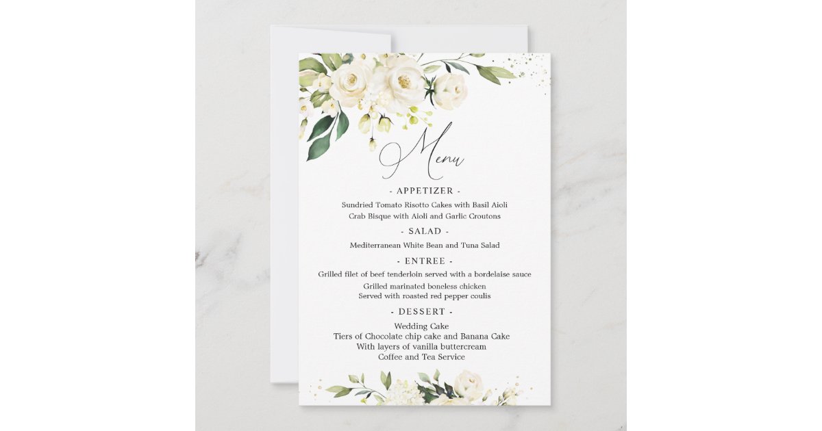 White Roses Greenery Foliage Wedding Menu Invitation | Zazzle