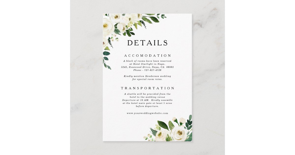 White Roses Greenery Wedding Details Card | Zazzle