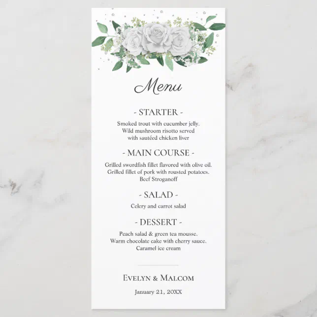 White Roses Greenery Wedding Dinner Menu | Zazzle