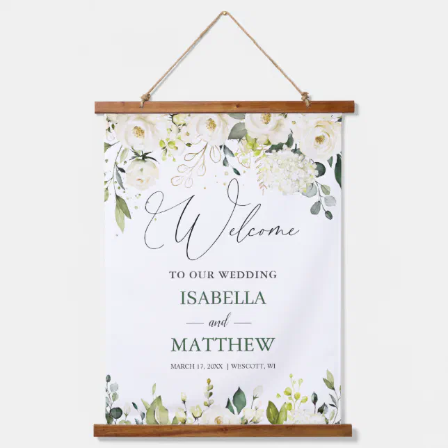 White Roses Greenery Wedding Welcome Sign Tapestry | Zazzle