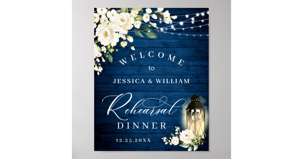White Roses Lantern Blue Wood Rehearsal Dinner Poster | Zazzle
