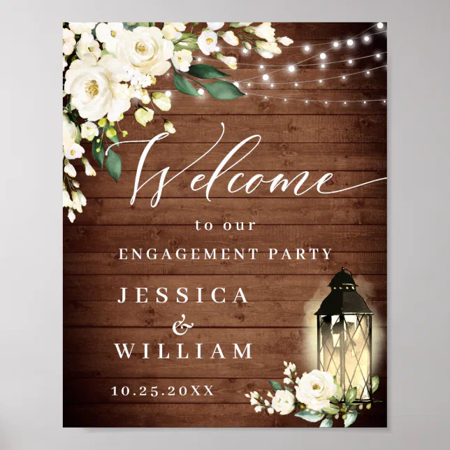 White Roses Lantern Rustic Wood Engagement Party Poster | Zazzle