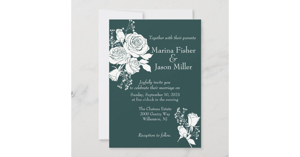 White Roses on Hunter Green Wedding Invitation | Zazzle