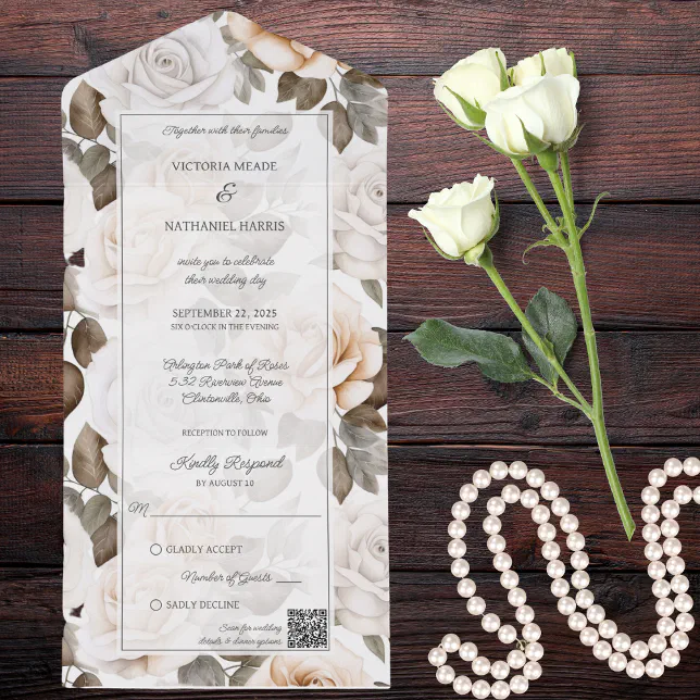 White Roses QR Code All In One Invitation | Zazzle