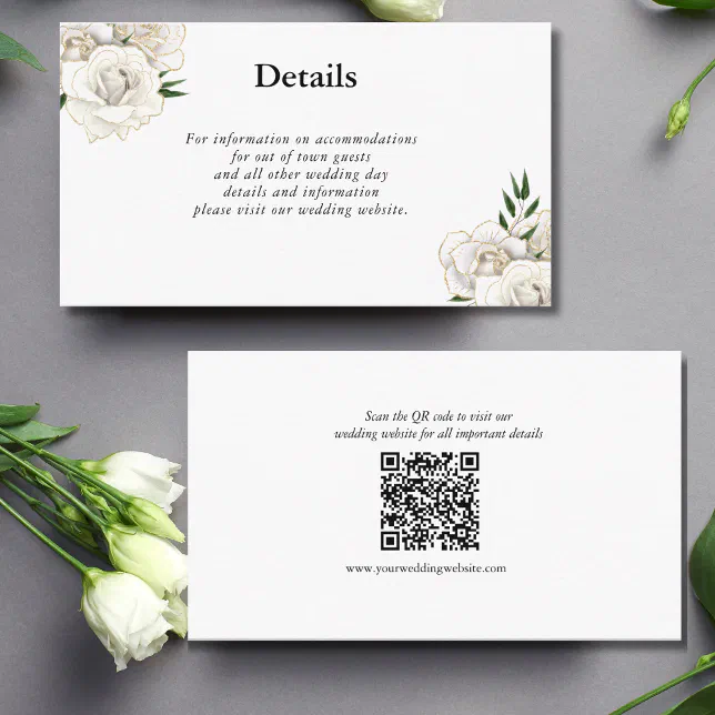 White Roses QR code Wedding Details Enclosure Card | Zazzle