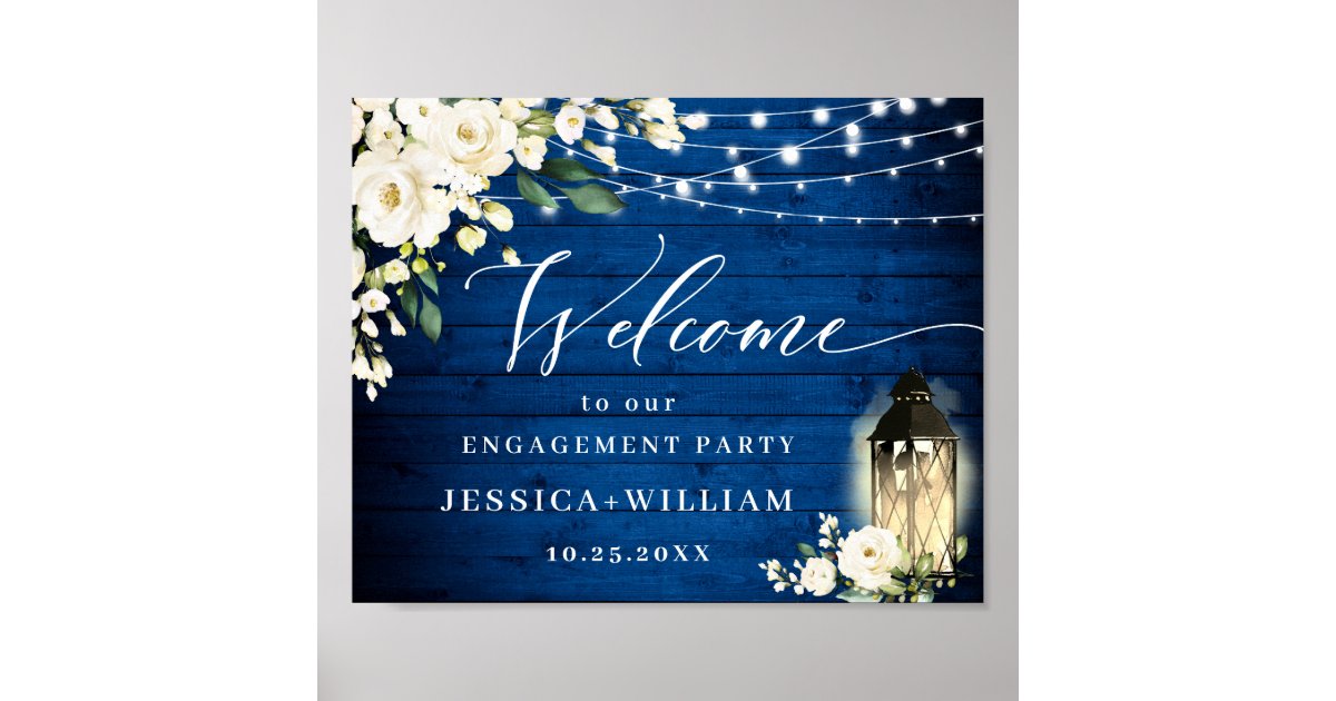 White Roses Royal Blue Wood ENGAGEMENT PARTY Poster | Zazzle