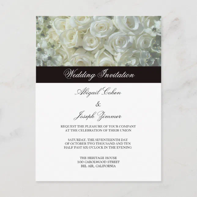 White Roses Wedding Invitation Postcards | Zazzle