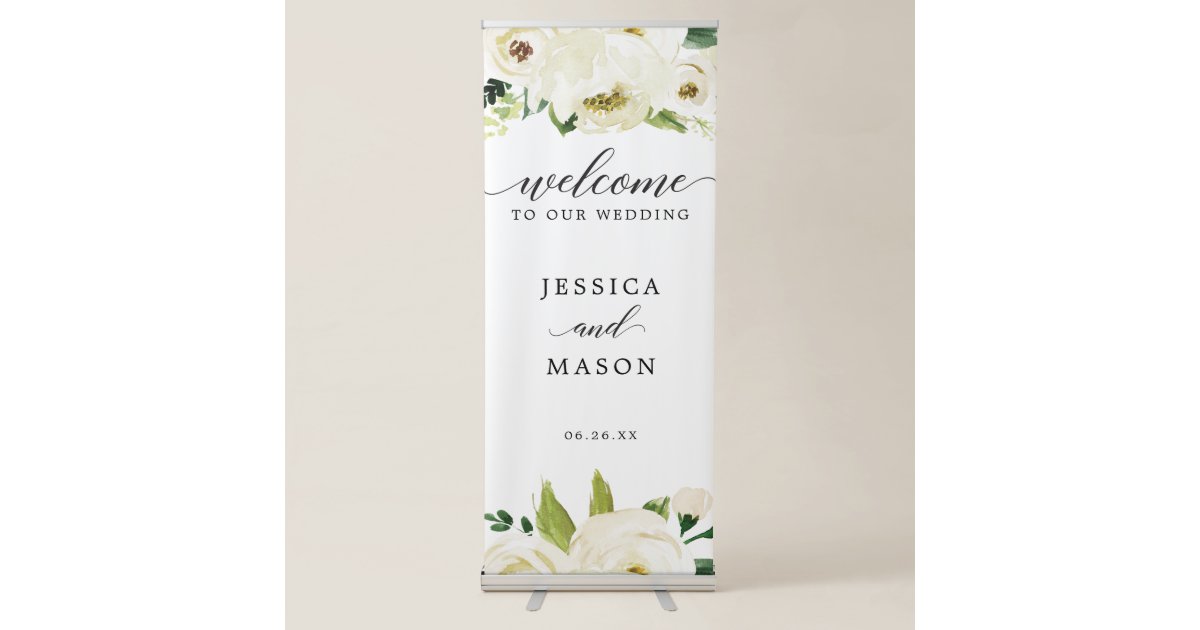 White Roses Wedding Welcome Banner with Stand | Zazzle