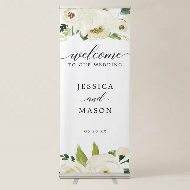 White Roses Wedding Welcome Banner with Stand | Zazzle