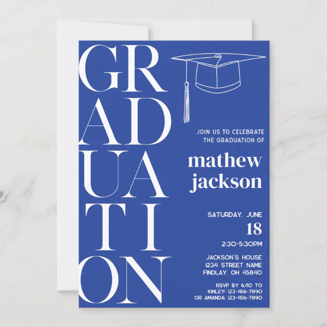 White Royal Blue Background '24 Graduation Party Invitation | Zazzle