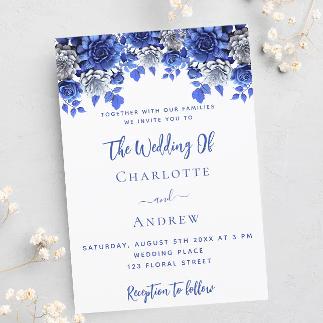 White royal blue florals luxury wedding invitation | Zazzle
