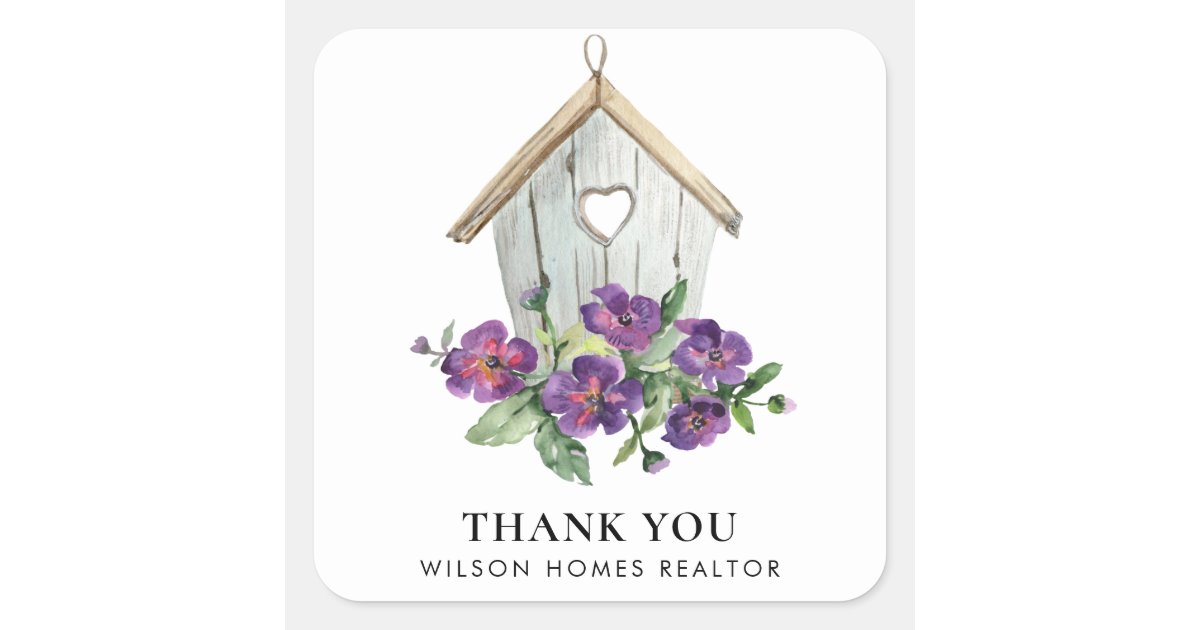 WHITE RUSTIC FLORAL BIRDHOUSE THANK YOU REALTOR SQUARE STICKER | Zazzle