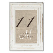 White Rustic Frame and Burlap Table Number Card | Zazzle