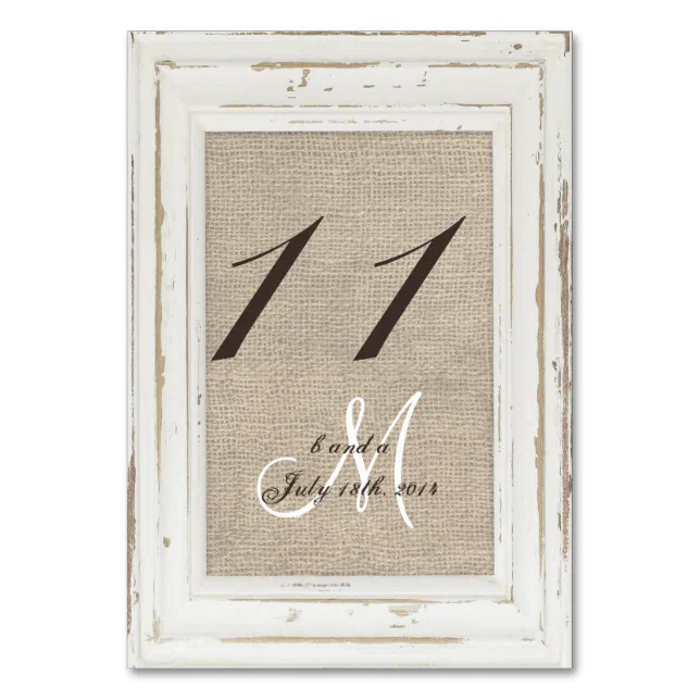 White Rustic Frame and Burlap Table Number Card | Zazzle