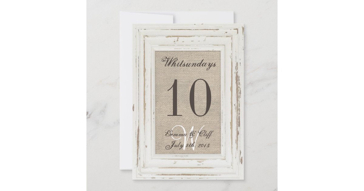 White Rustic Frame & Burlap Print Table Number For | Zazzle