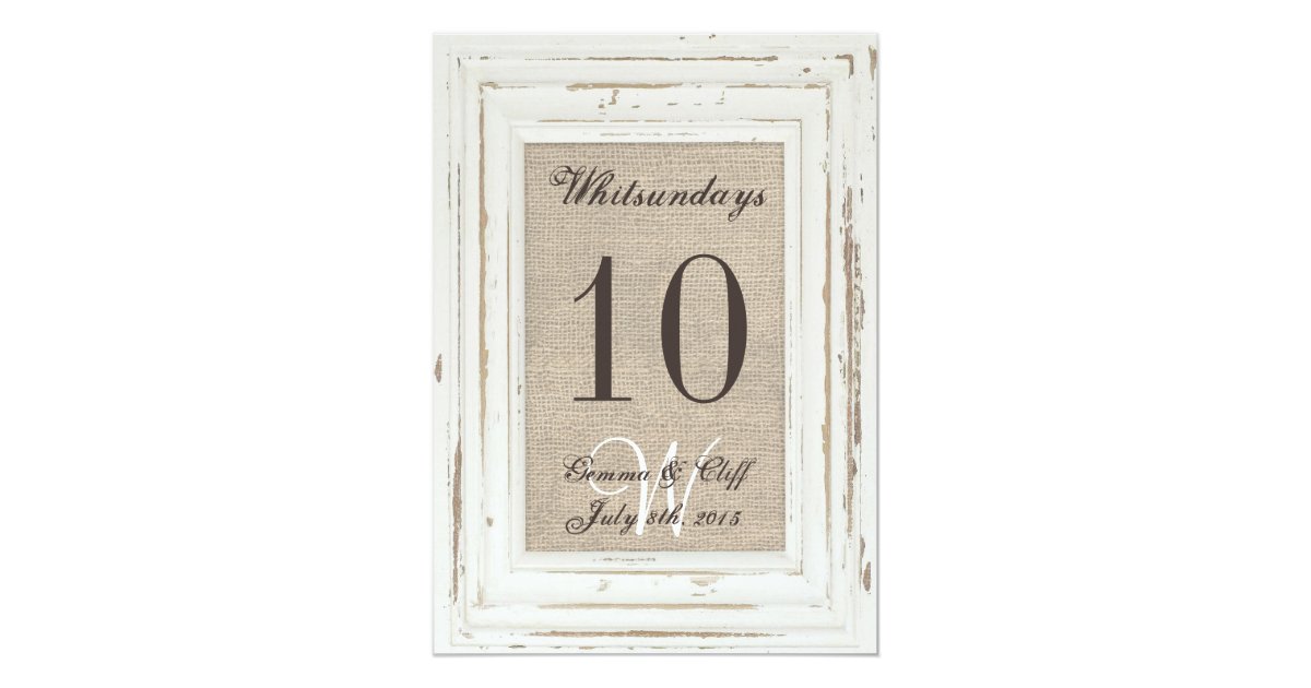 White Rustic Frame & Burlap Print Table Number For | Zazzle.com