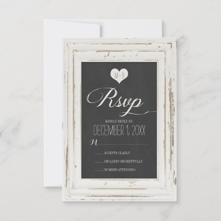 White Rustic Frame Chalk Wedding RSVP Card | Zazzle