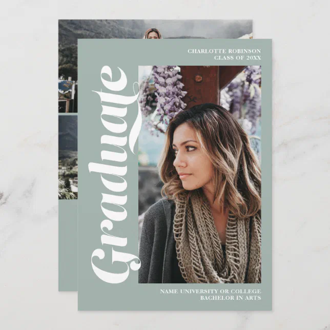 White sage green graduate script photo graduation invitation | Zazzle