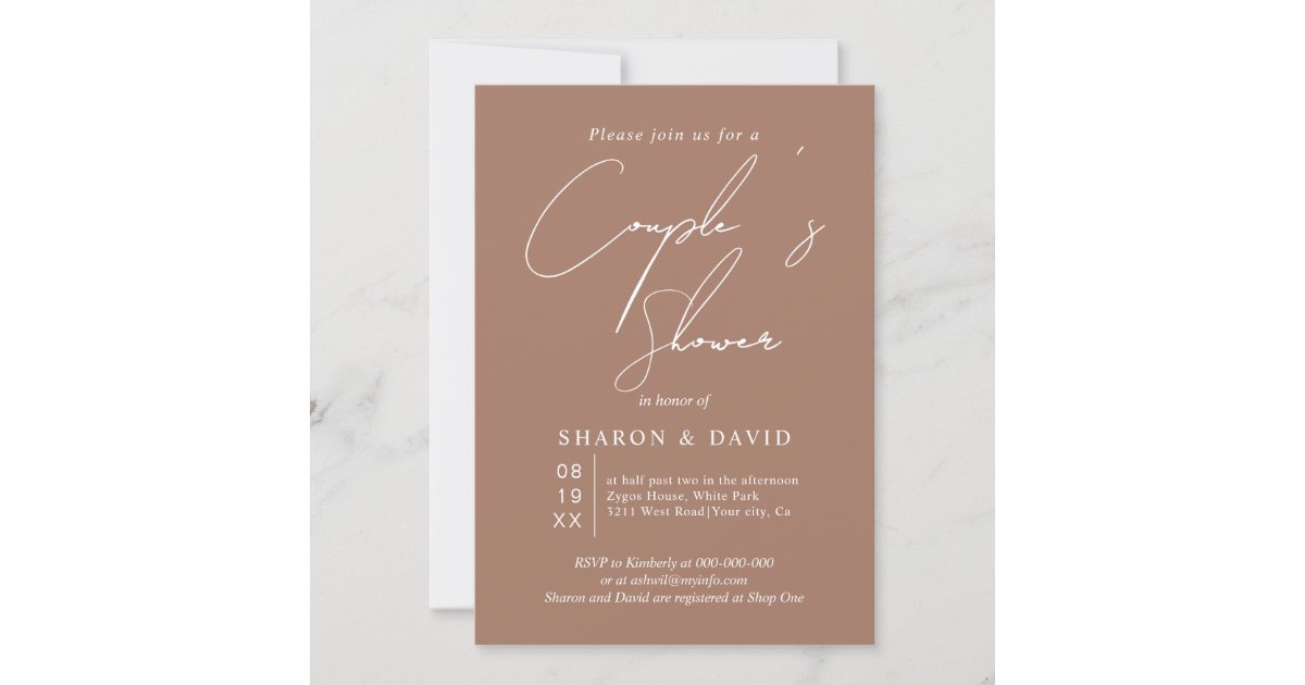 White script calligraphy mocha couple's shower invitation | Zazzle