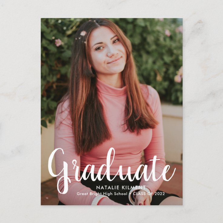 White Script Modern Graduate Photo Graduation Announcement Postcard ...
