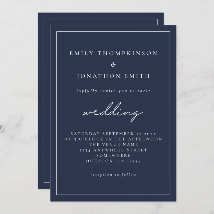 White Script Navy Blue Text Lone Border Wedding Invitation | Zazzle