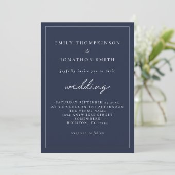 White Script Navy Blue Text Lone Border Wedding Invitation | Zazzle