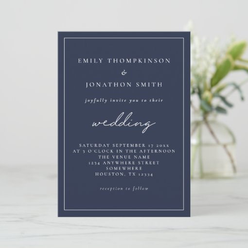 White Script Navy Blue Text Lone Border Wedding Invitation | Zazzle