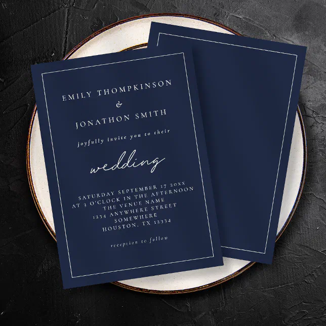 White Script Navy Blue Text Lone Border Wedding Invitation | Zazzle