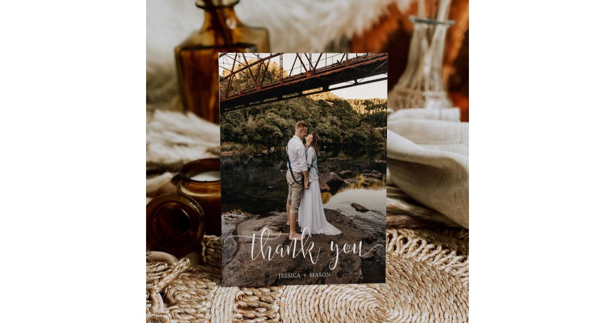 White Script Photo Wedding Thank You Postcard | Zazzle