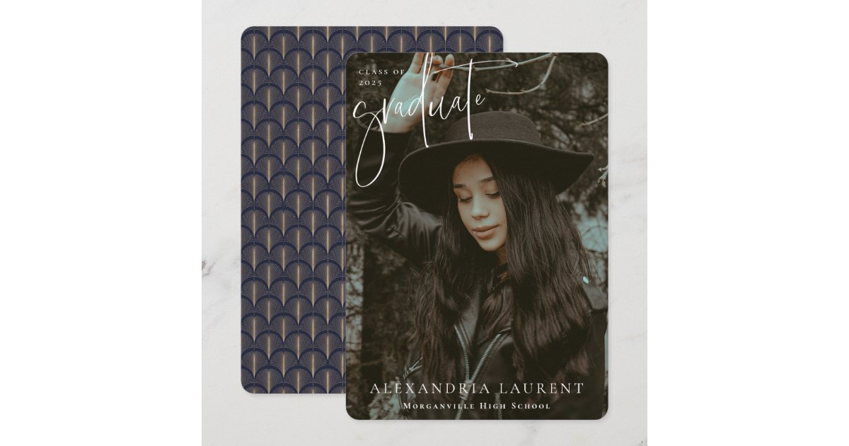 White Scripted Portrait Graduation Photo Announcement | Zazzle