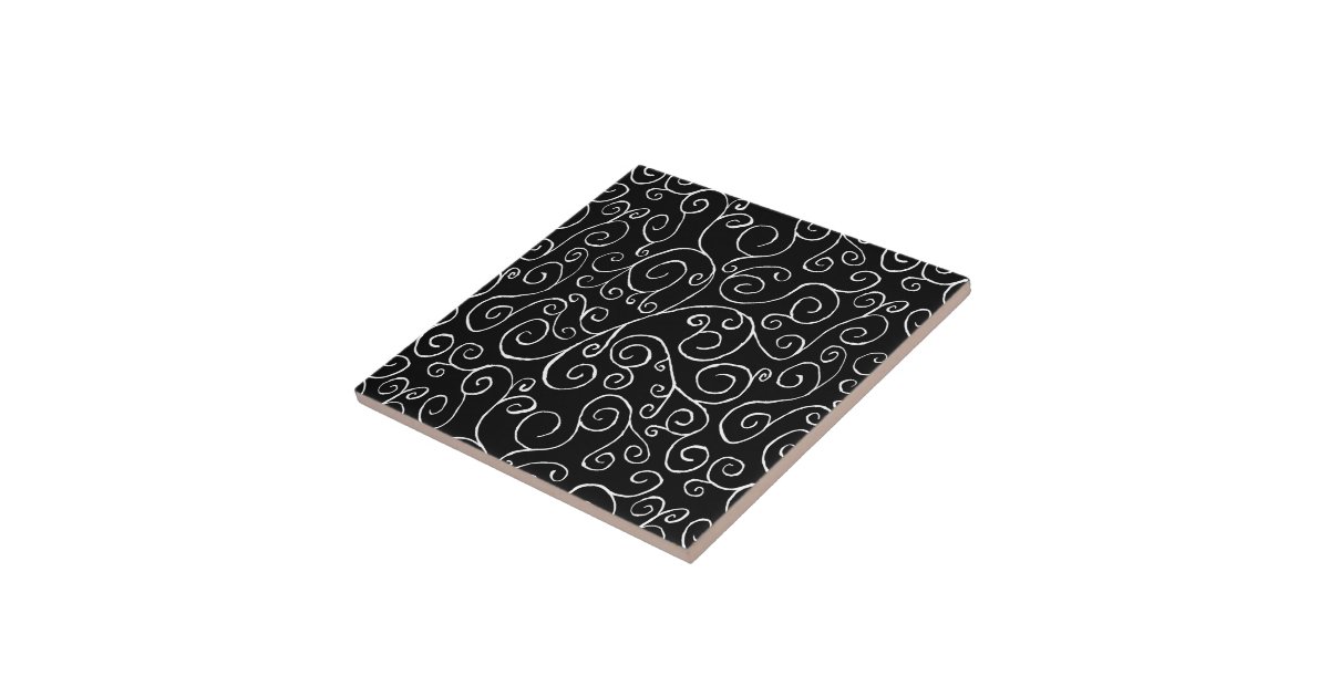 White Scrolling Curves on Black Ceramic Tile | Zazzle