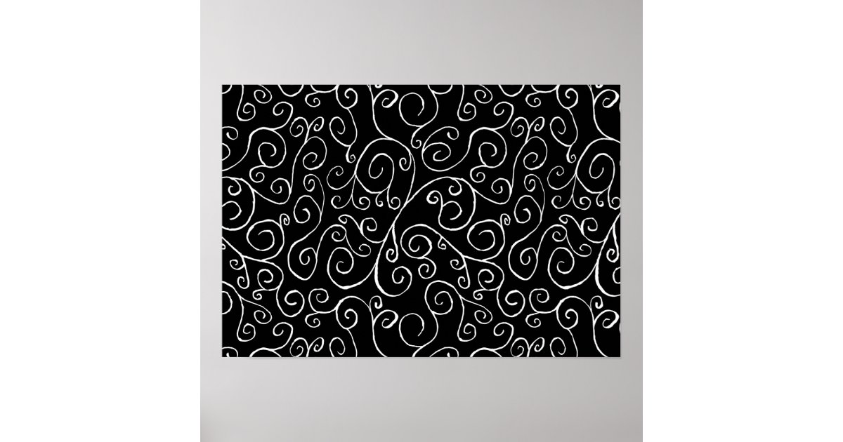 White Scrolling Curves on Black Poster | Zazzle
